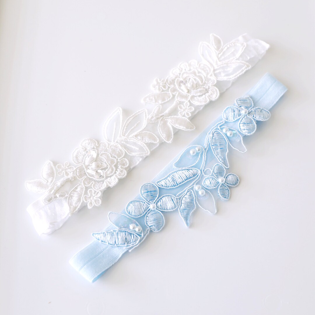 Ivory and Light Blue Embroidery Flower Lace Wedding Garter Set, Mix and ...