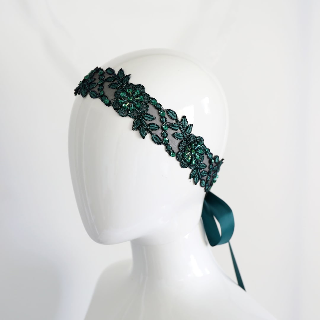 Dark Green Beaded Lace Head Tie, Bridal Headband, Bridesmaid Headtie ...