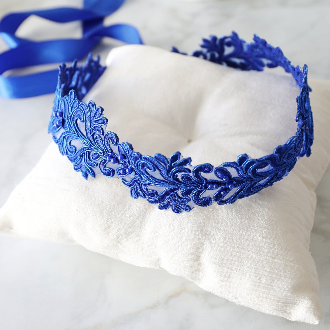 Royal Blue Beaded Lace Sash Royal Blue Lace Headband Bridal | Etsy