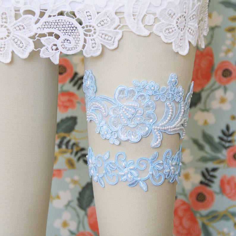 Pearl Beaded Lace Wedding Garter Set Ivory Lace Garter Set - Etsy