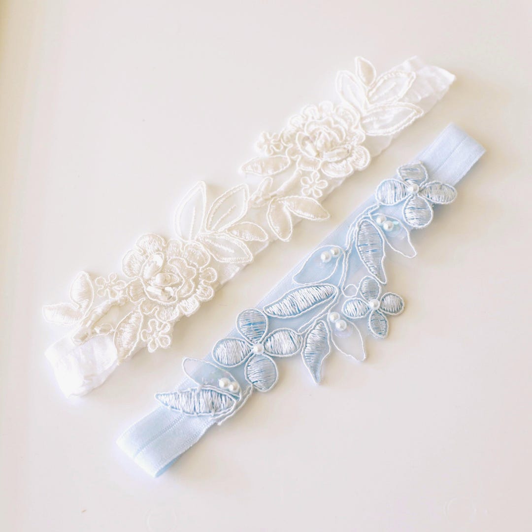 Ivory and Light Blue Embroidery Flower Lace Wedding Garter Set, Mix and ...