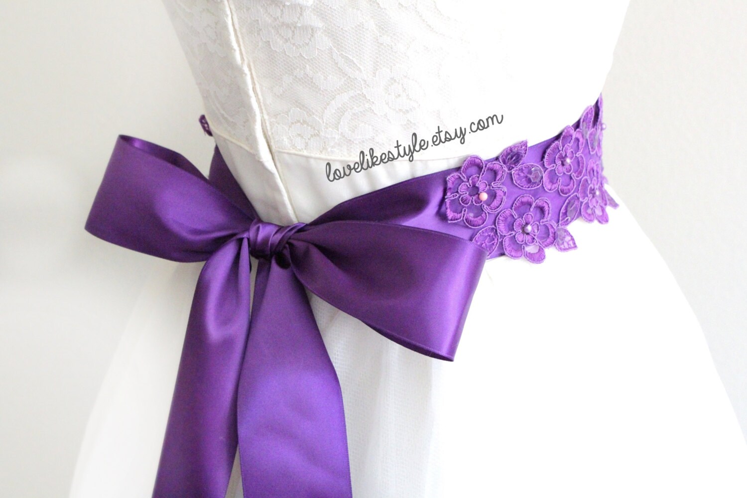 Purple Beaded Flower Lace Sash / Bridal Wide Sash Bridesmaid | Etsy