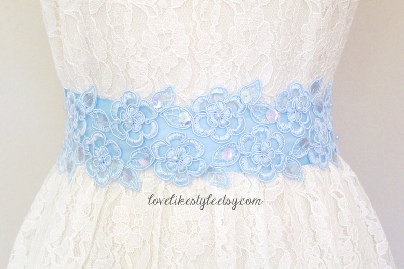 Light Blue Beaded Lace Sash Bridallight Blue Sash Bridesmaid - Etsy ...