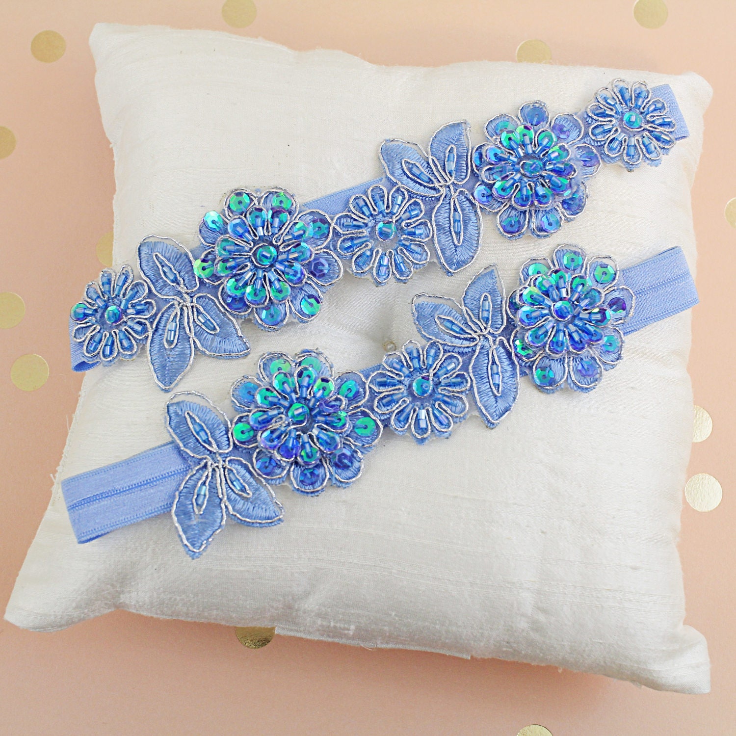 Blue Sequined Flower Lace Wedding Garter Powder Blue Wedding - Etsy