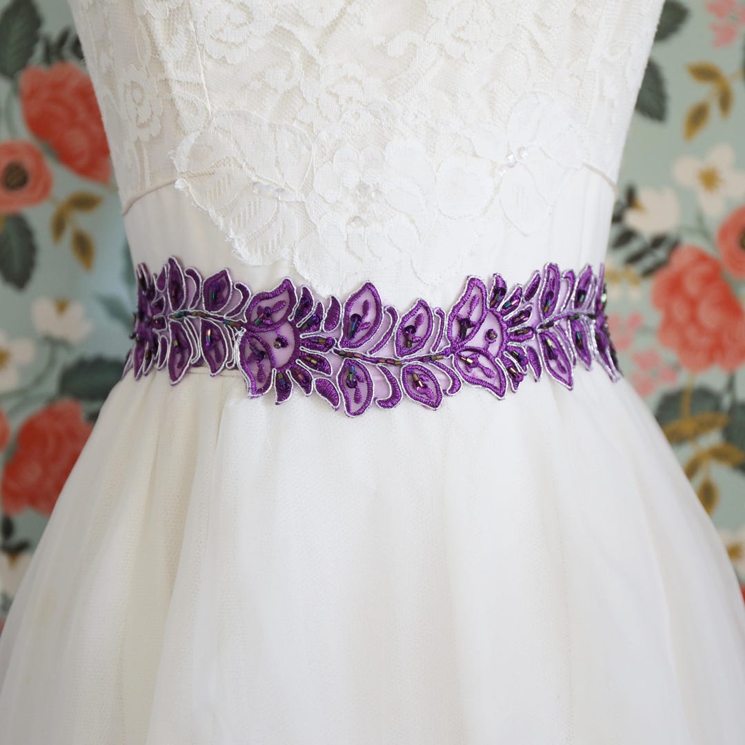 Purple Beaded Lace Bridal Sash: Embroidery Flower Girl Belt Headband - Etsy