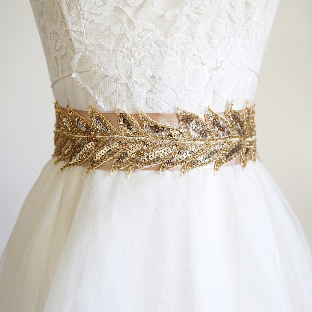 Wide Gold Leaf Lace With Champagne Satin Ribbon Sash Belt, Bridal Gold ...