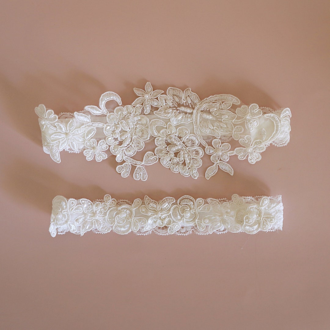 Pearl Beaded Lace Wedding Garter Set, Ivory Lace Garter Set, Wedding ...