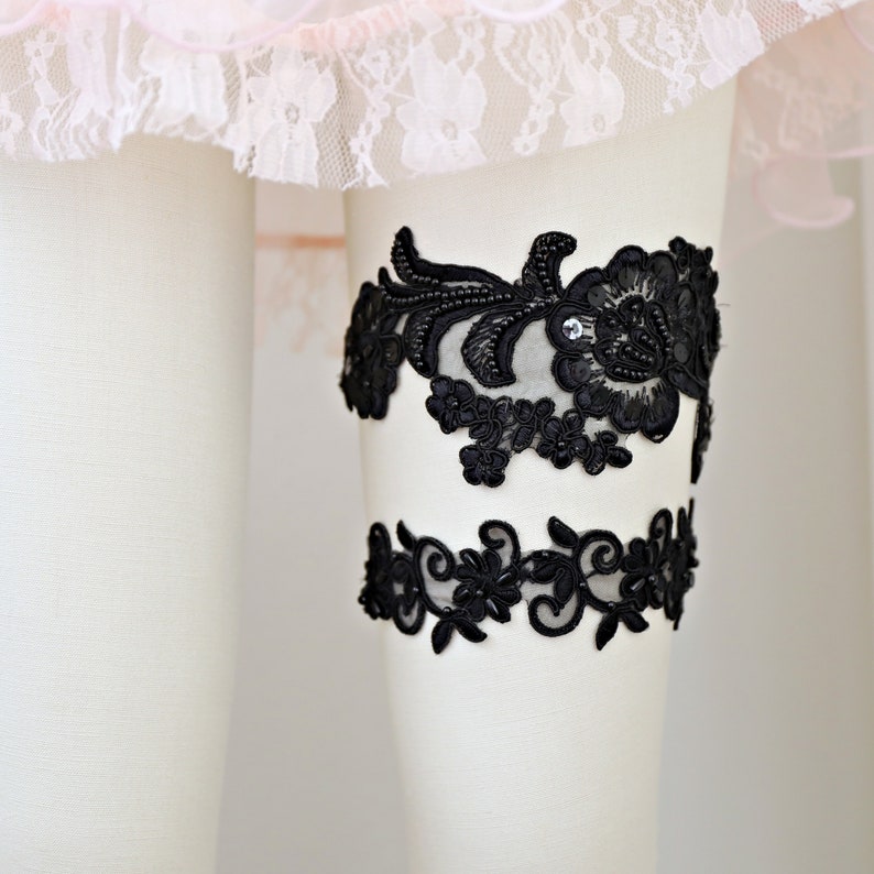 Black Beaded Lace Wedding Garter Set Black Lace Garter Set - Etsy