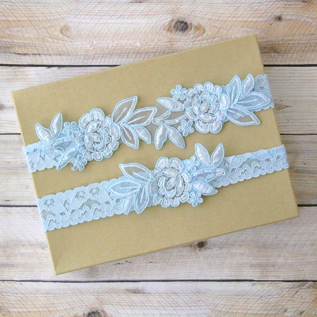 Blue Wedding Garter, Light Blue Embroidery Flower Lace Wedding Garter ...