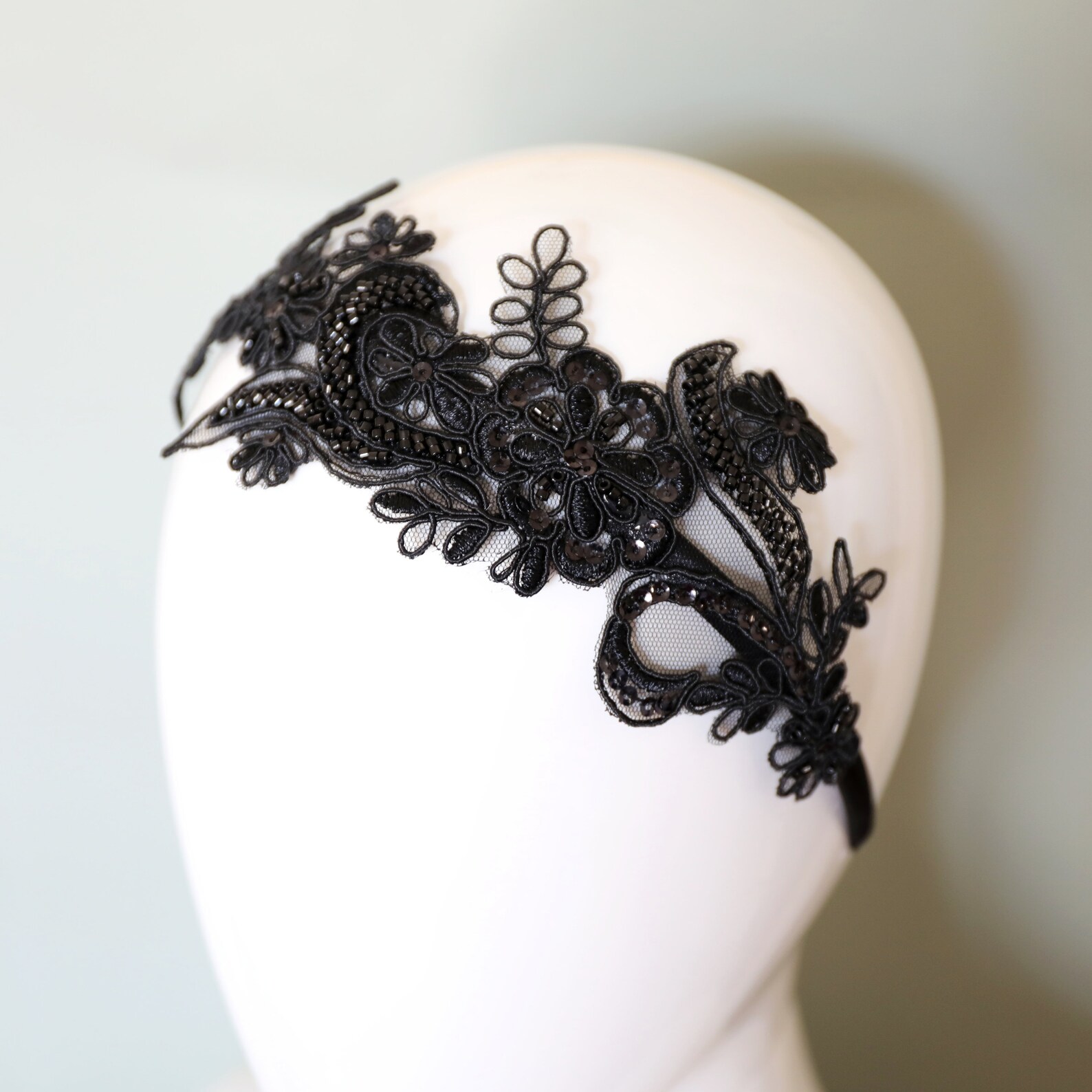 Black Beaded Lace Headband, Bridal Hair Accessory - Etsy