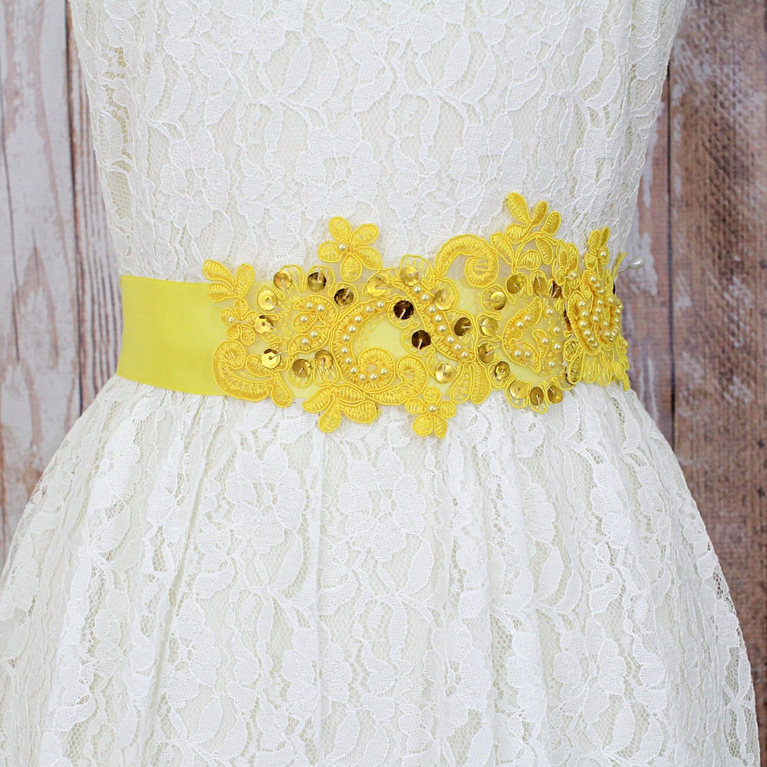 Yellow Sequins and Beaded Lace Sash, Bridal Yellow Sash, Bridesmaid ...