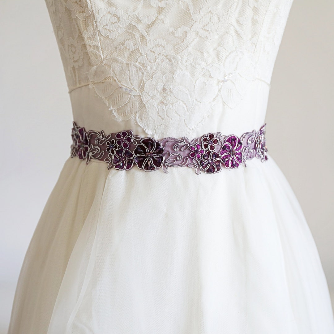 Dark Purple Beaded Lace Sash, Two Tone of Purple Lace Bridal Sash ...
