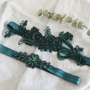 Wedding Garter Set Dark Green Beaded Lace Garter Hunter - Etsy