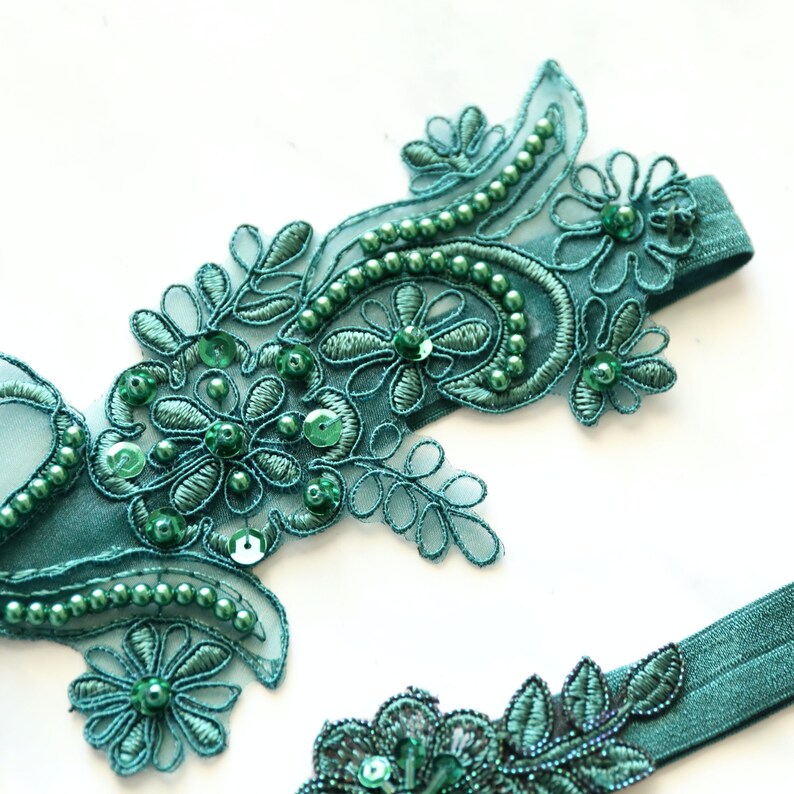 Wedding Garter Set Dark Green Beaded Lace Garter Hunter - Etsy