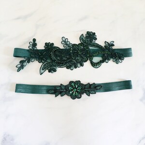 Wedding Garter Set, Dark Green Beaded Lace Garter, Hunter Green Garter ...