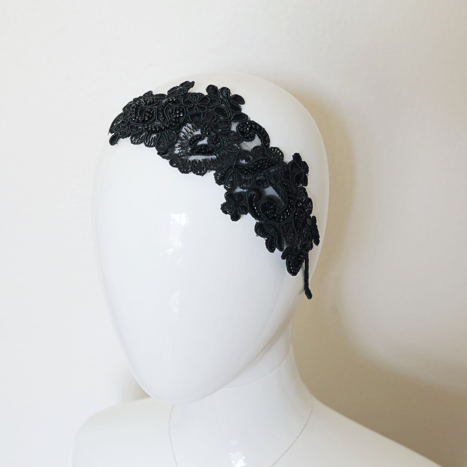 Black Lace Headband: Beaded Sequin Embroidery, Bridal Headpiece - Etsy