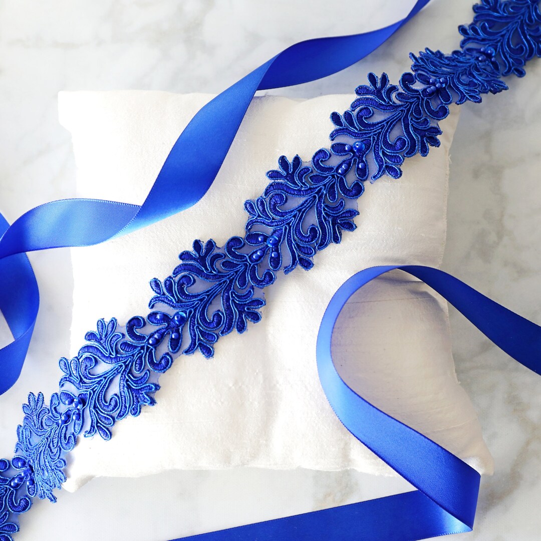 Royal Blue Beaded Lace Sash Royal Blue Lace Headband Bridal - Etsy