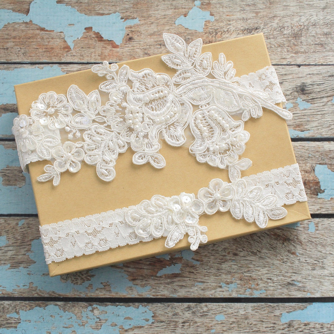 Wedding Garter Set, Ivory Beaded Lace Garter Set,bridal Wedding Grter ...