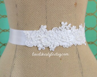 White Pearl Beaded Alencon Lace and White Ribbon Sash, Bridal White ...
