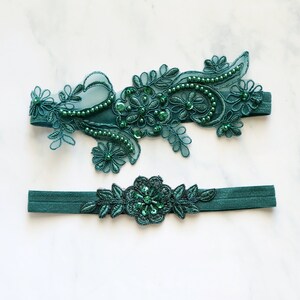 Wedding Garter Set Dark Green Beaded Lace Garter Hunter - Etsy