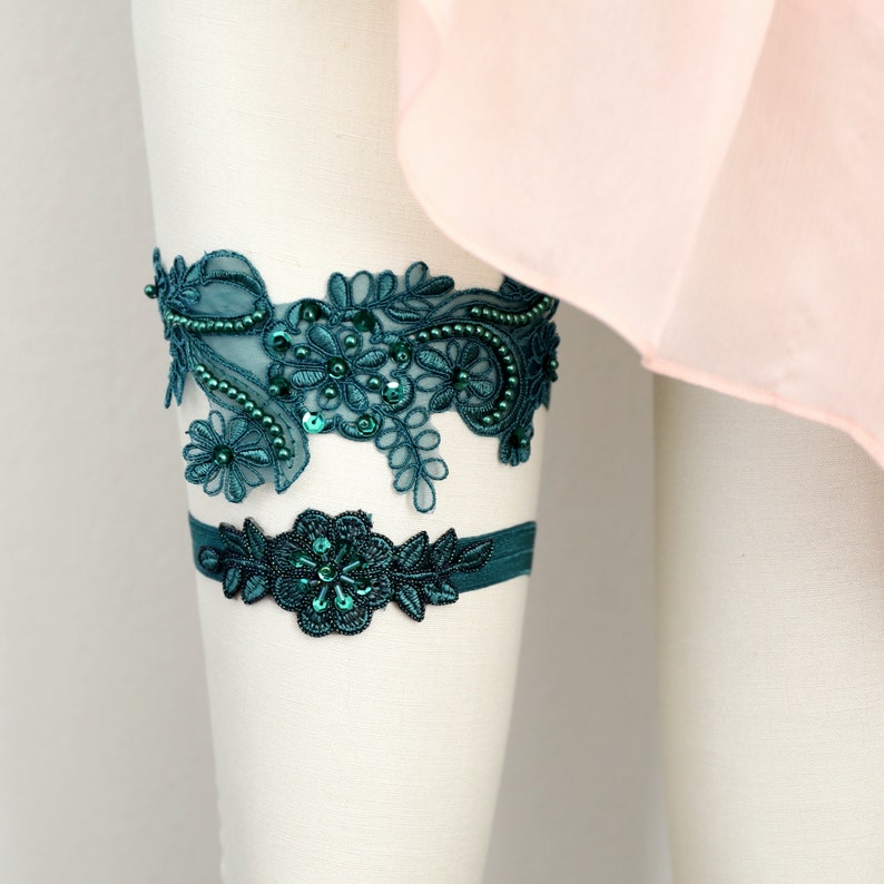 Wedding Garter Set Dark Green Beaded Lace Garter Hunter - Etsy