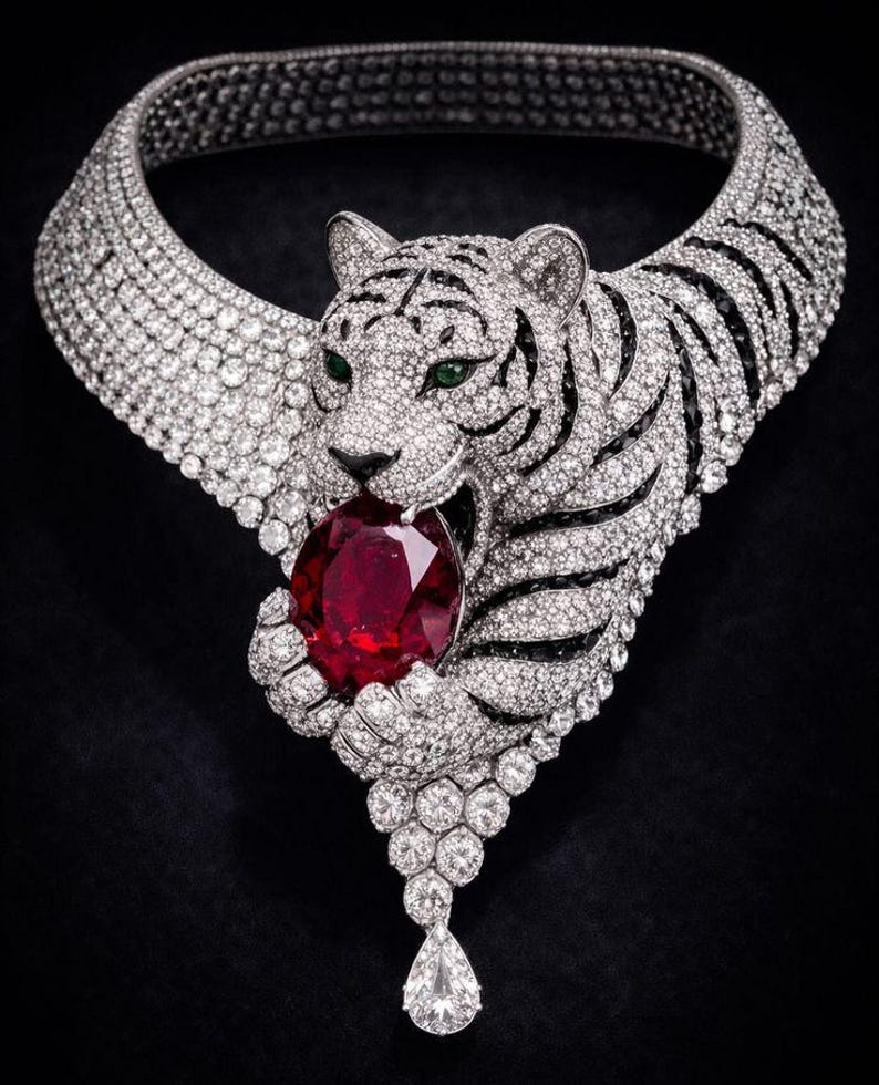 Sterling Silver Tiger Ruby Statement Necklace – Diamond Encrusted ...