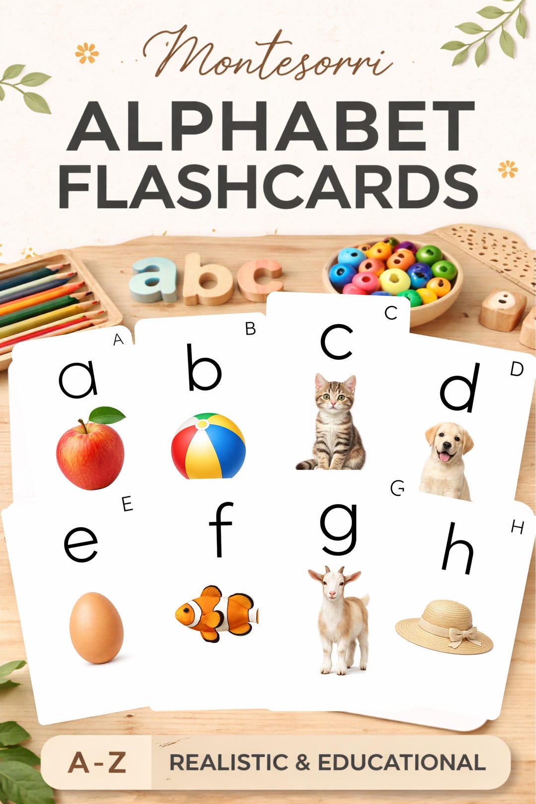 Montessori Alphabet Flashcards A-Z – Realistic Phonics Learning Cards ...