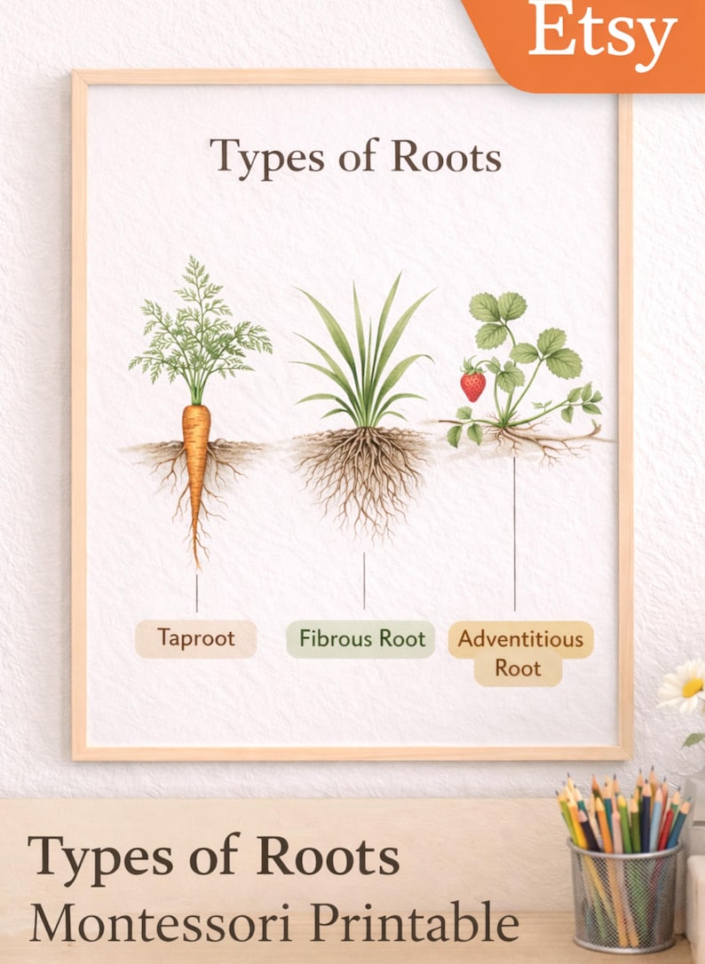 Montessori Types of Roots Botany Chart, Taproot Fibrous Adventitious ...