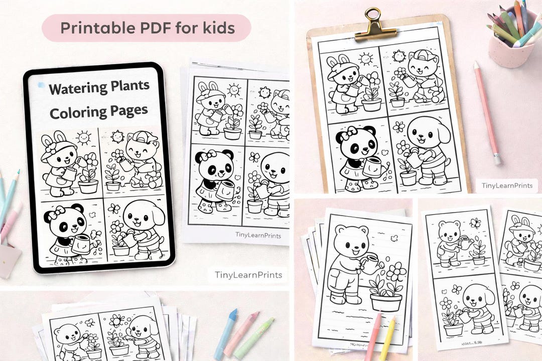 Watering Plants Coloring Pages for Kids | Printable PDF Sheets | Kawaii ...