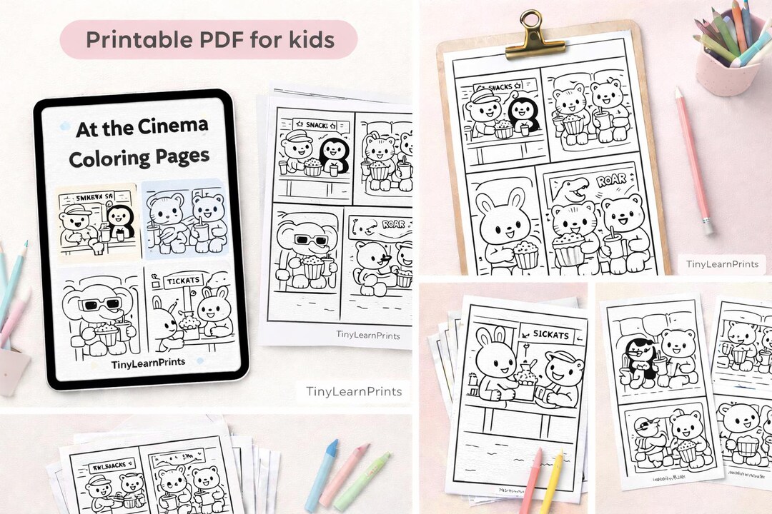 At the Cinema Coloring Pages for Kids | Printable PDF Sheets | Kawaii ...