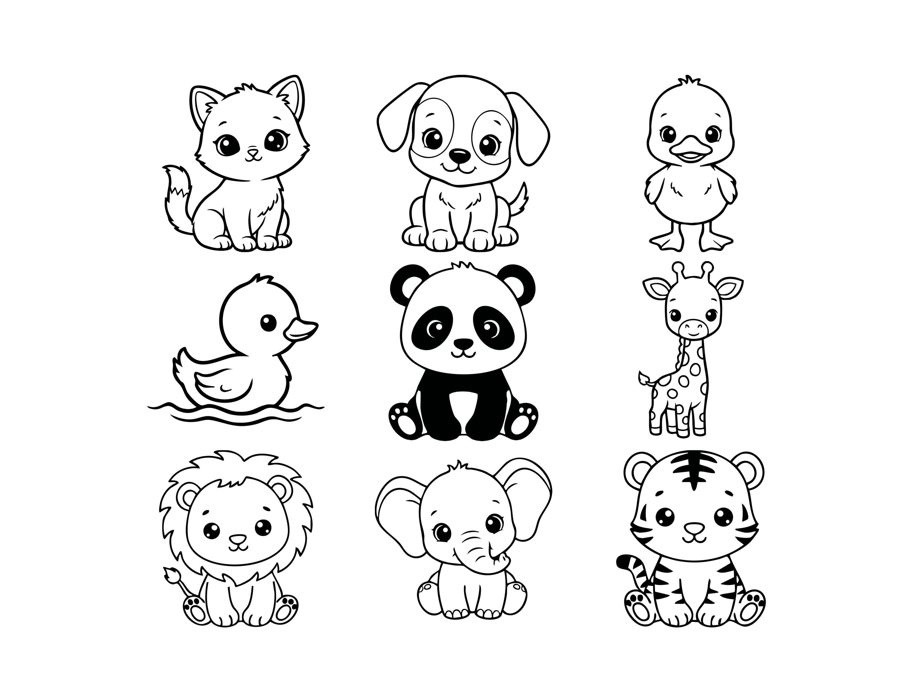 Cute Baby Animals SVG Bundle | 9 Black White Designs | PNG JPG | Print ...