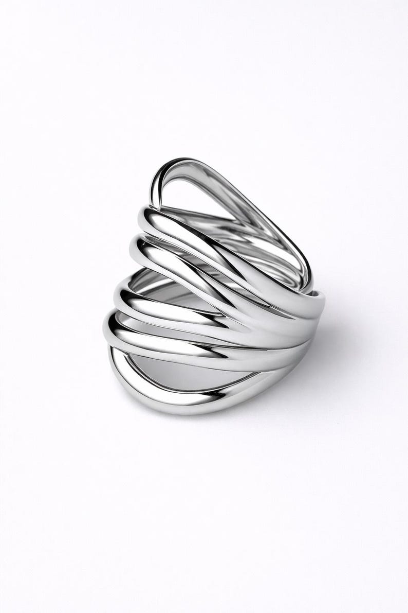 Statement Wave Ring, Chunky Adjustable Open Ring, Silver Stainless ...