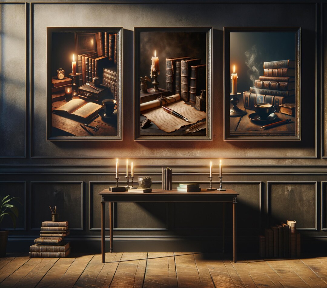 Dark Academia Printable Wall Art Set of 3, Vintage Library Print Set ...