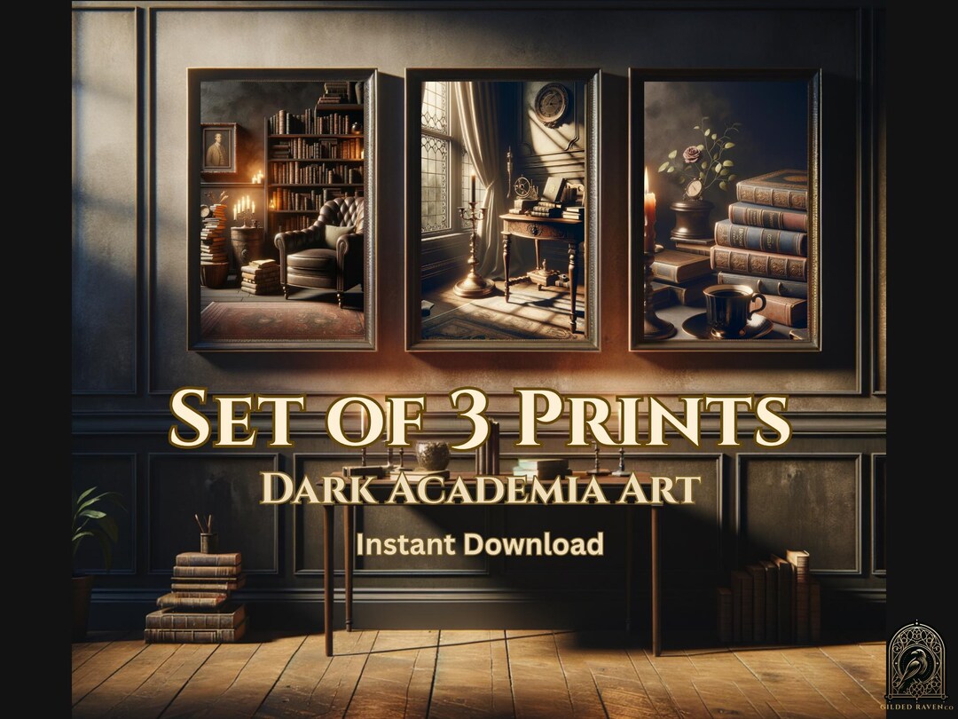 Dark Academia Reading Corner Wall Art Set of 3 | Cozy Library Decor ...