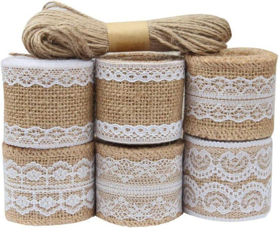 6 Rolls Natural Burlap Ribbon With White Lace and 32 Feet Jute Twine ...