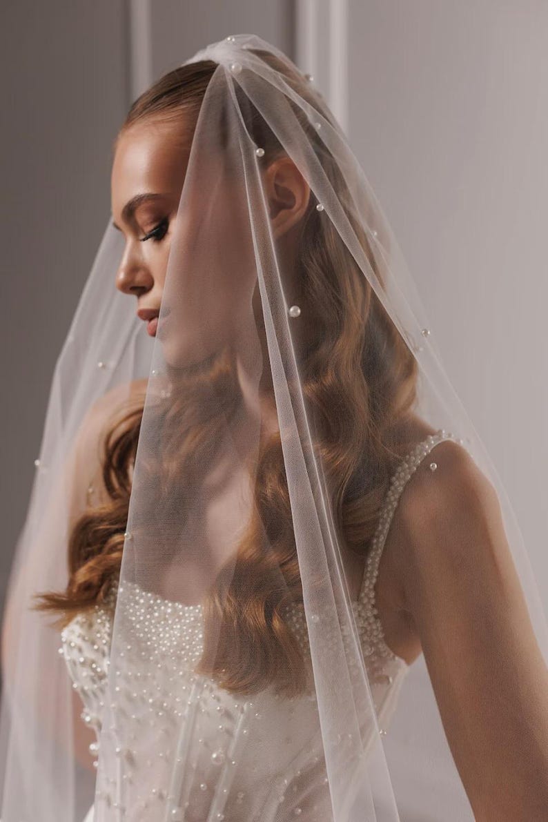 Pearl Wedding Veil Chapel Length | Soft Tulle Bridal Veil, Hand Placed ...