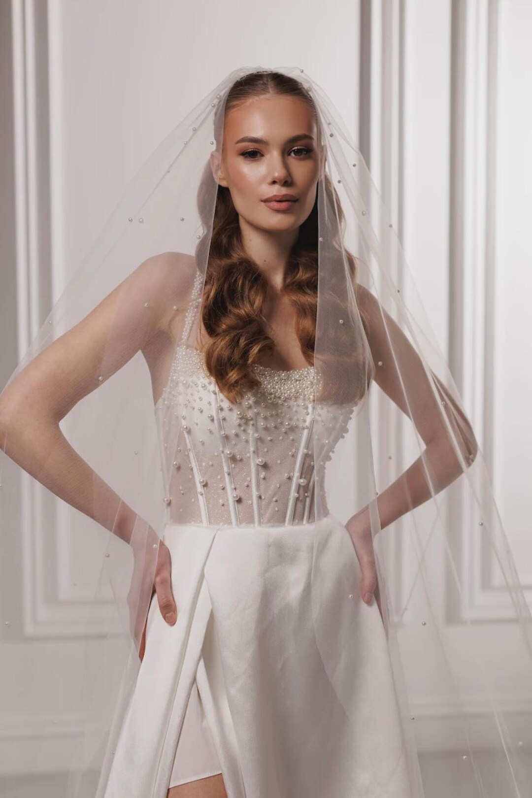 Pearl Wedding Veil Chapel Length | Soft Tulle Bridal Veil, Hand Placed ...