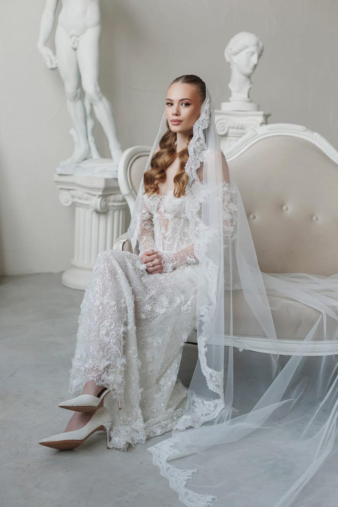 Cathedral Wedding Veil, Lace Trim, Sequins, Romantic Bridal Accessory ...