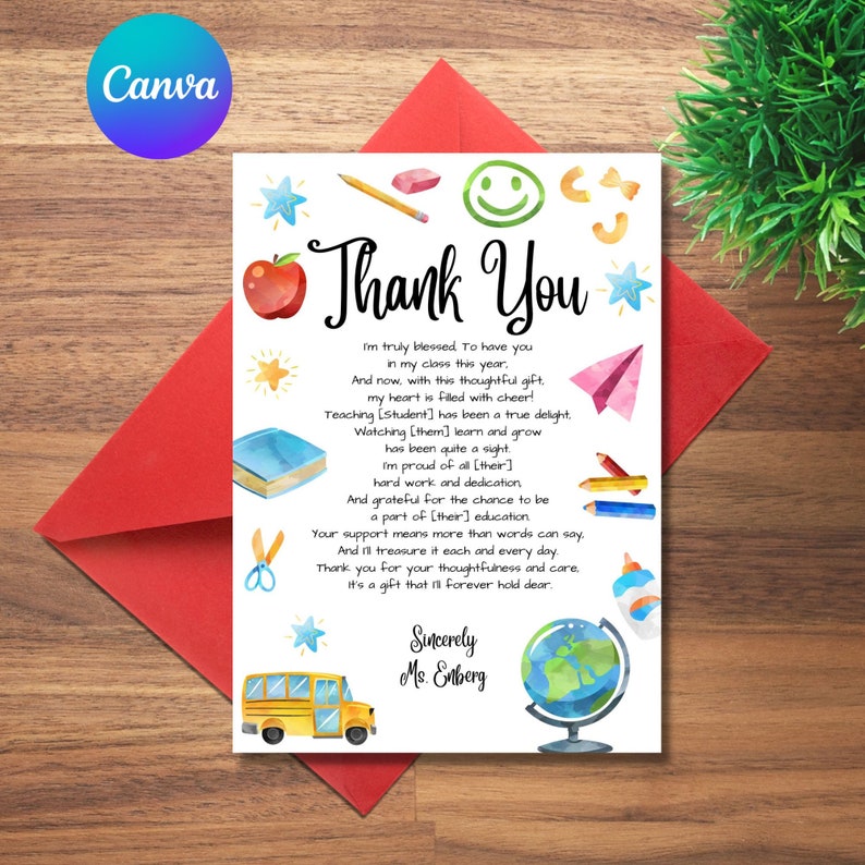 Editable Preschool Teacher Thank You Card for Teachers to Send Students ...