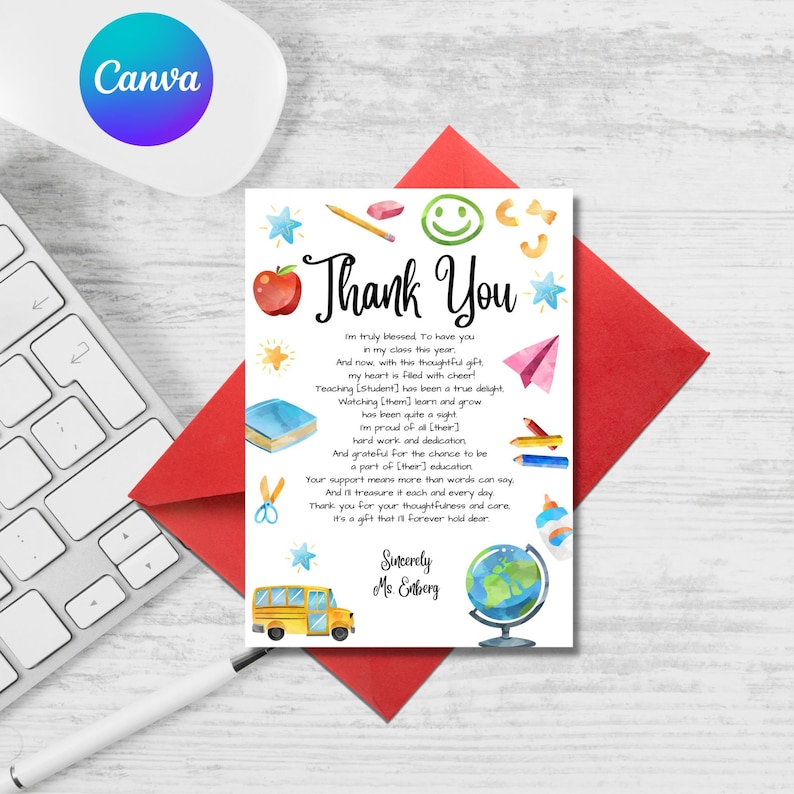 Editable Preschool Teacher Thank You Card for Teachers to Send Students ...