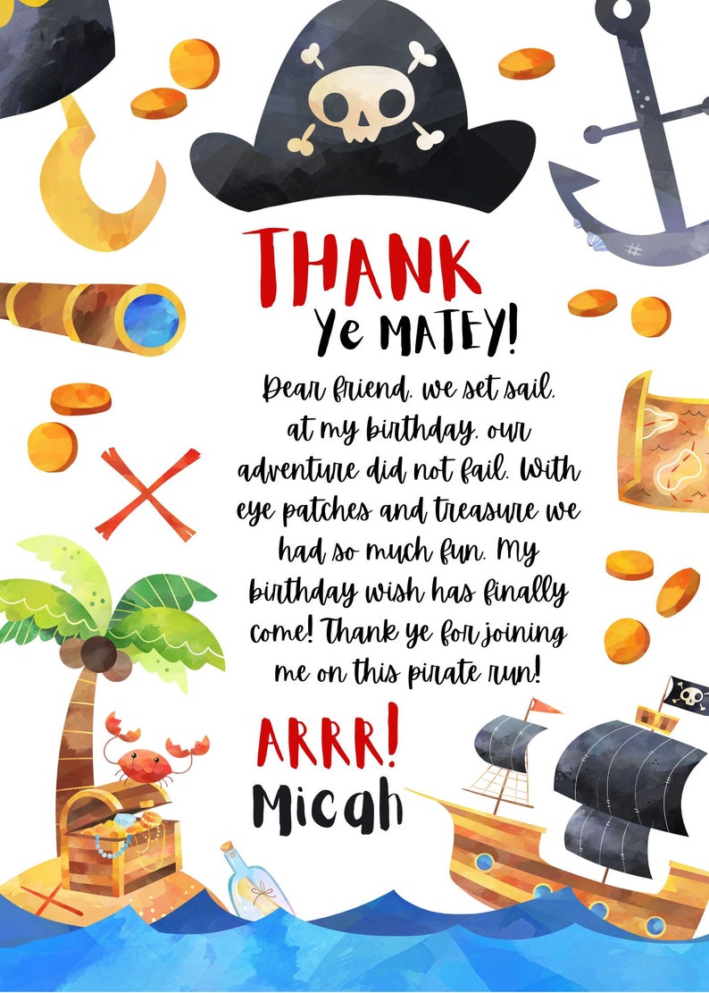 Editable Pirate Birthday Party Thank You Card Template, Printable ...