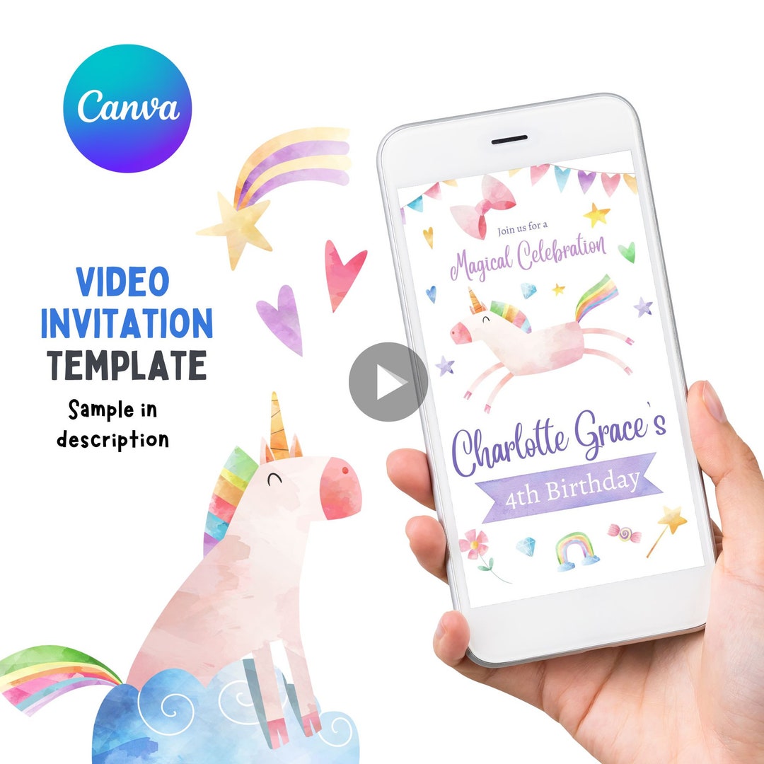 Editable Unicorn Invitation Template Unicorn Party Birthday Video ...