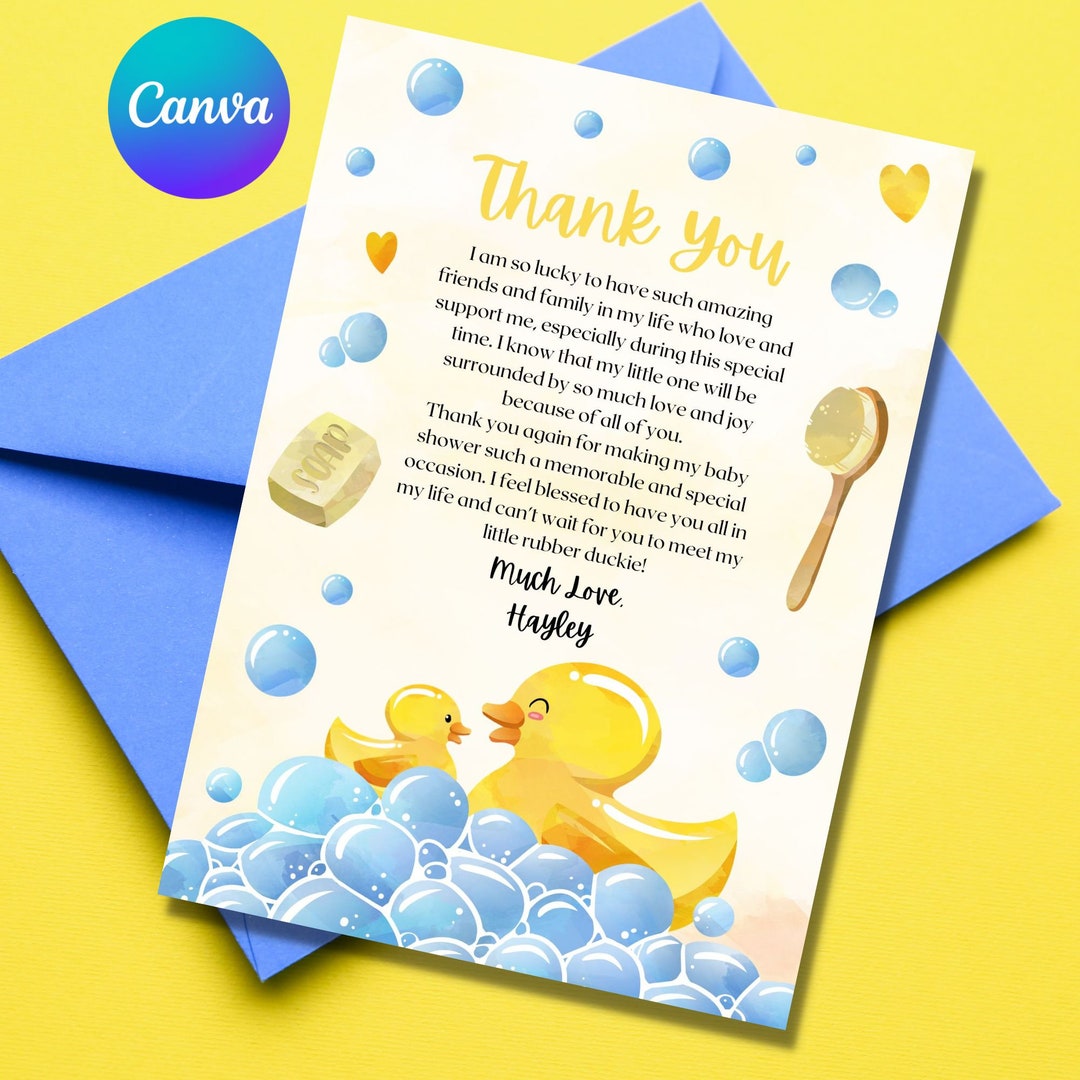 Editable Rubber Duckie Baby Shower Thank You Card Template Printable ...