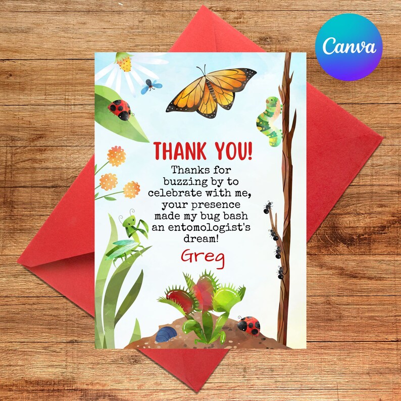 Editable Bug Birthday Party Thank You Card Template Printable Bug Thank ...
