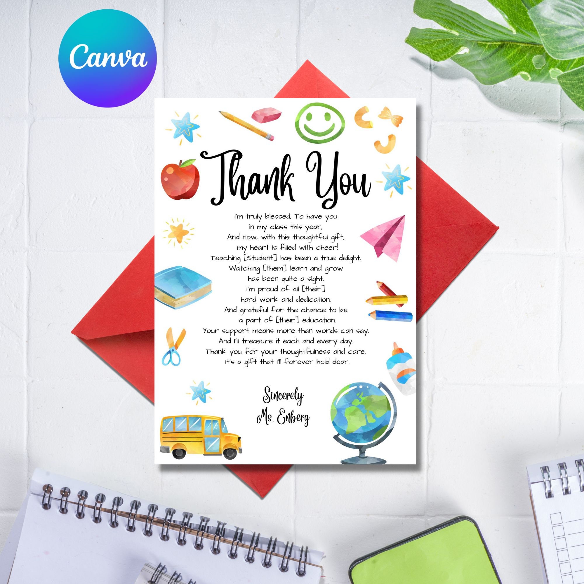 Editable Preschool Teacher Thank You Card for Teachers to Send Students ...