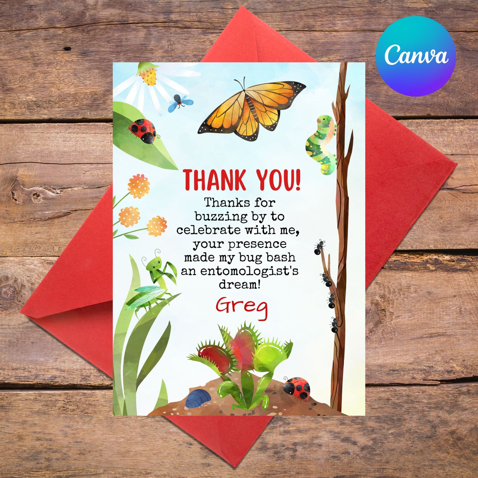 Editable Bug Birthday Party Thank You Card Template Printable Bug Thank ...
