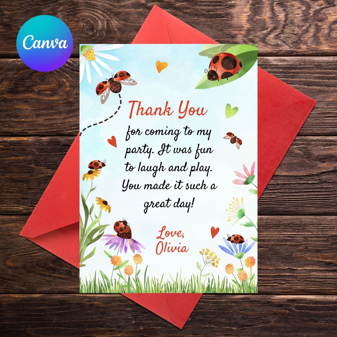 UU Personalized Ladybug Thank You Card Template Editable Ladybug Thank ...