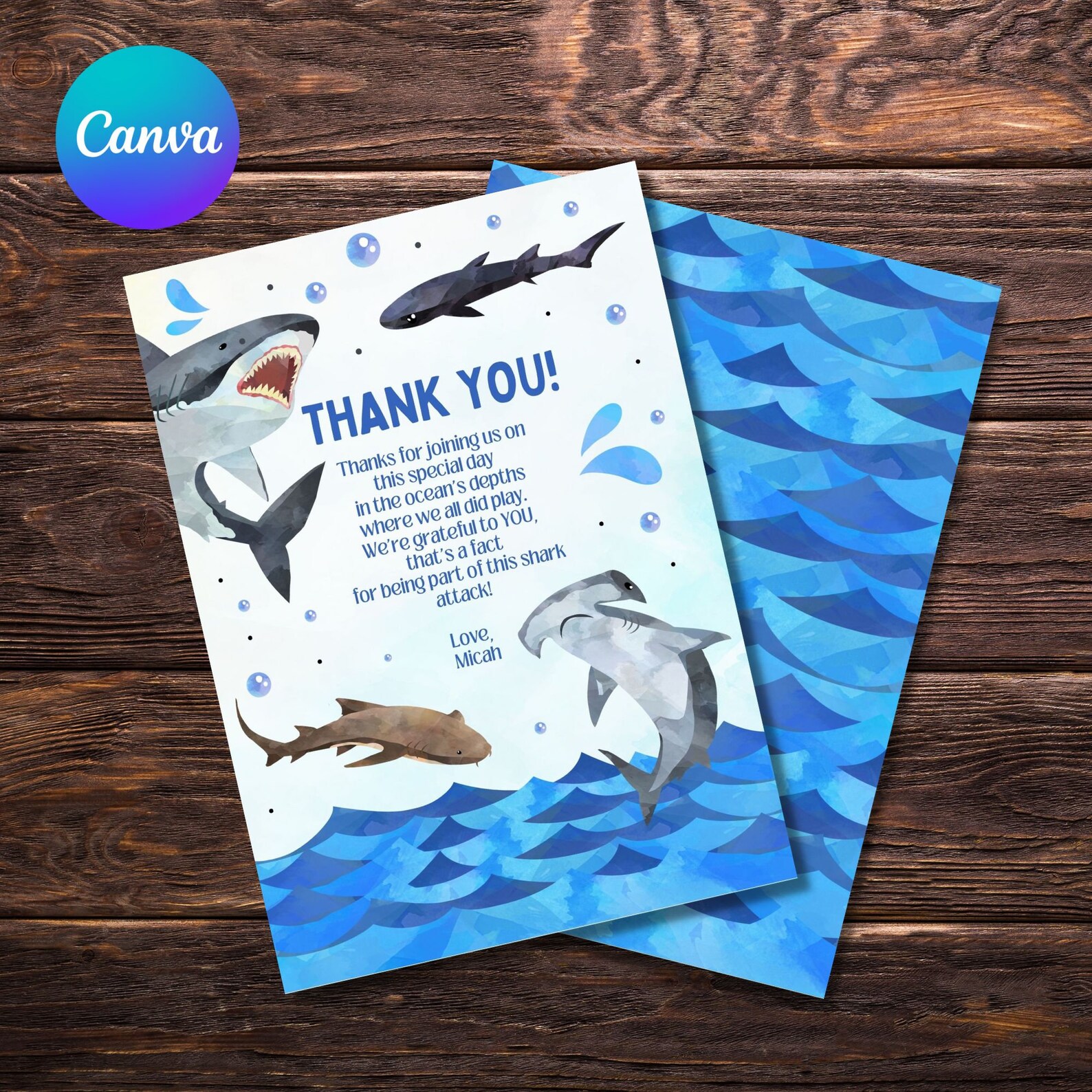 Editable Shark Thank You Card Template Printable Shark Thank You Card ...