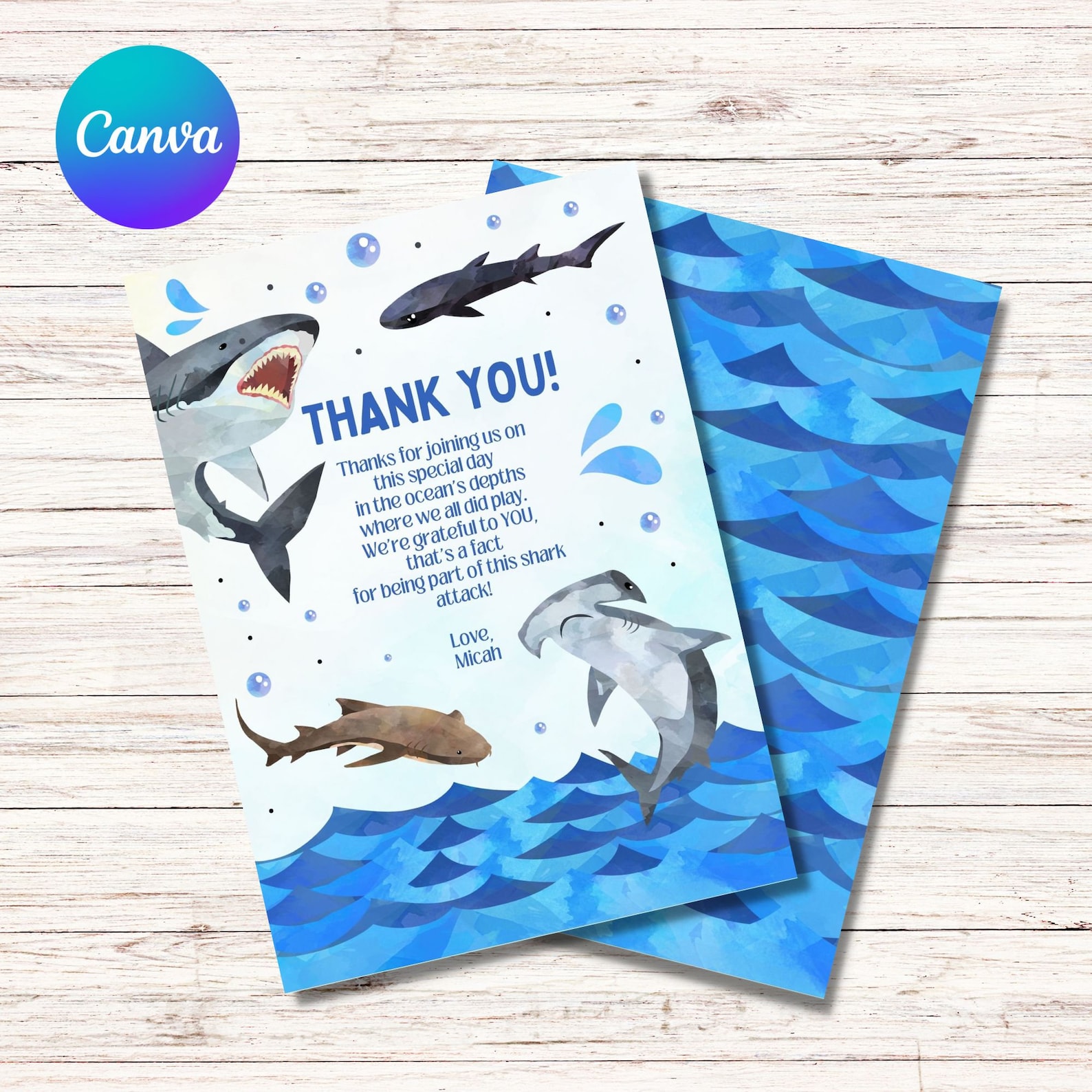 Editable Shark Thank You Card Template Printable Shark Thank You Card ...