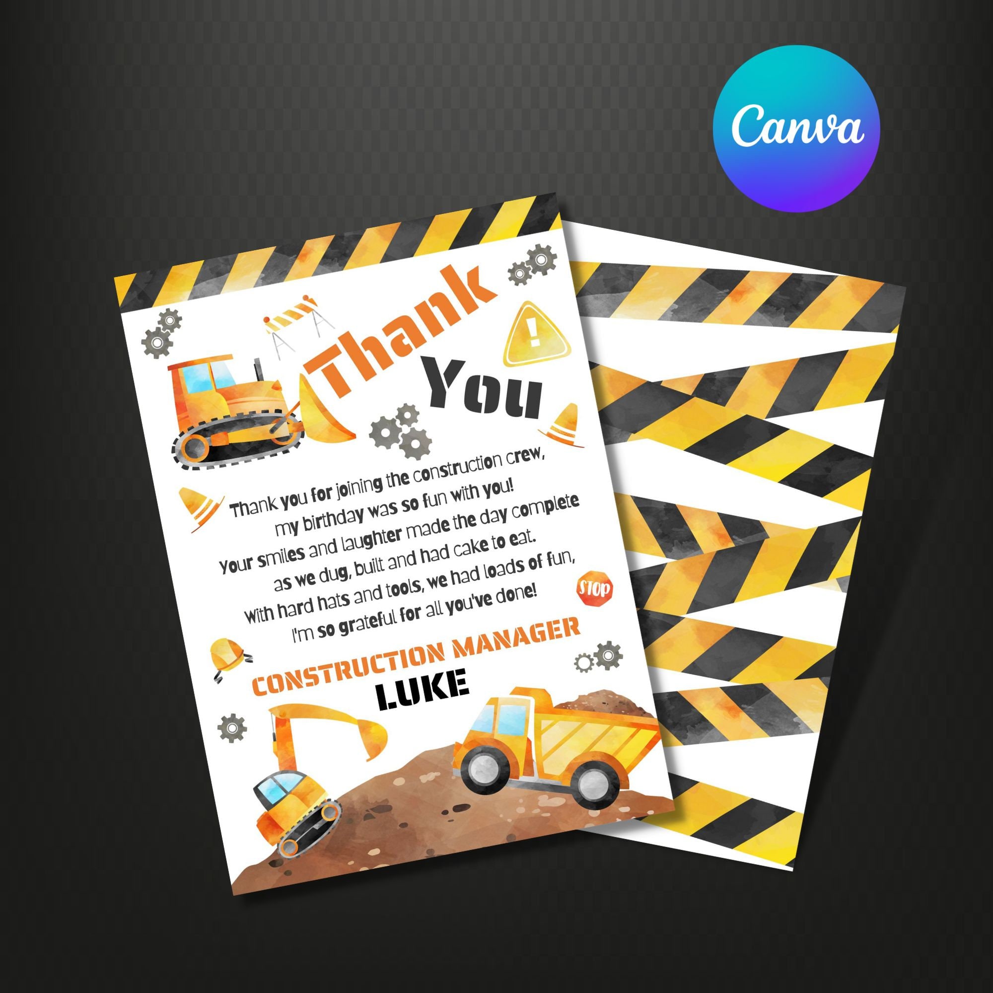 EDITABLE Construction Thank You Card Printable Construction Thank You ...